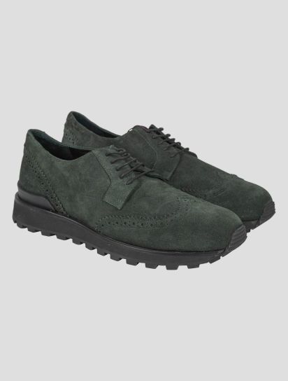 Isaia Green Leather Suede Sneakers Shoes | IsuiT